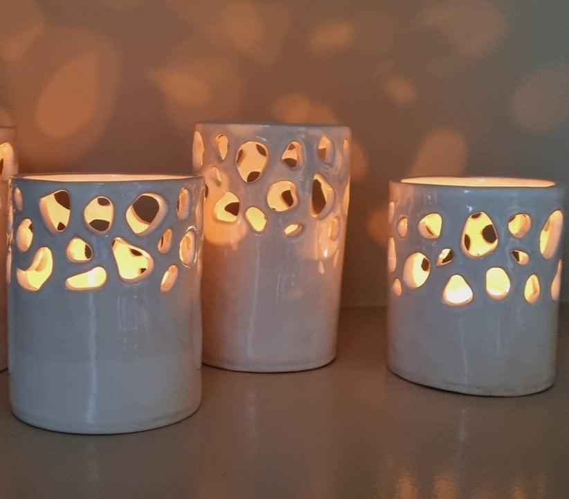 Hand-carved ceramic luminary, white candle holder. Wedding table decor ...